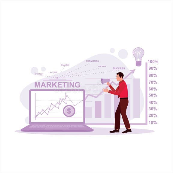 Marketing Concept. Manager Holding a Microphone, Analyzing the ...