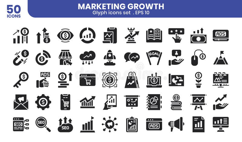 Marketing Growth Blue Glyph Icons Set Stock Illustration - Illustration ...
