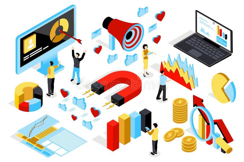 Marketing Isometric Elements Stock Illustration - Illustration of ...