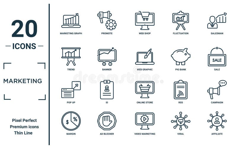 Marketing Linear Icon Set. Includes Thin Line Marketing Graph, Trend ... Marketing Linear Icon Set. Includes Thin Line Marketing Graph, Trend ...