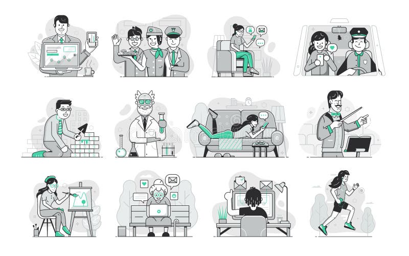 Marketing People Web Scenes in Line Art Stock Vector - Illustration of ...