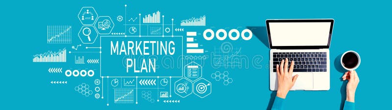 Marketing Plan Theme with Person Using a Laptop Stock Illustration ...