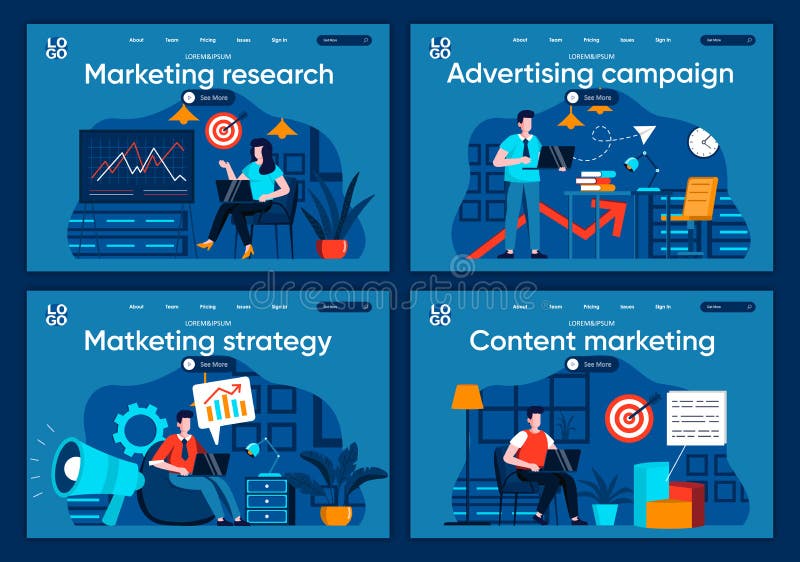 Marketing Research Flat Landing Pages Set. Marketers Analyze Data and ...