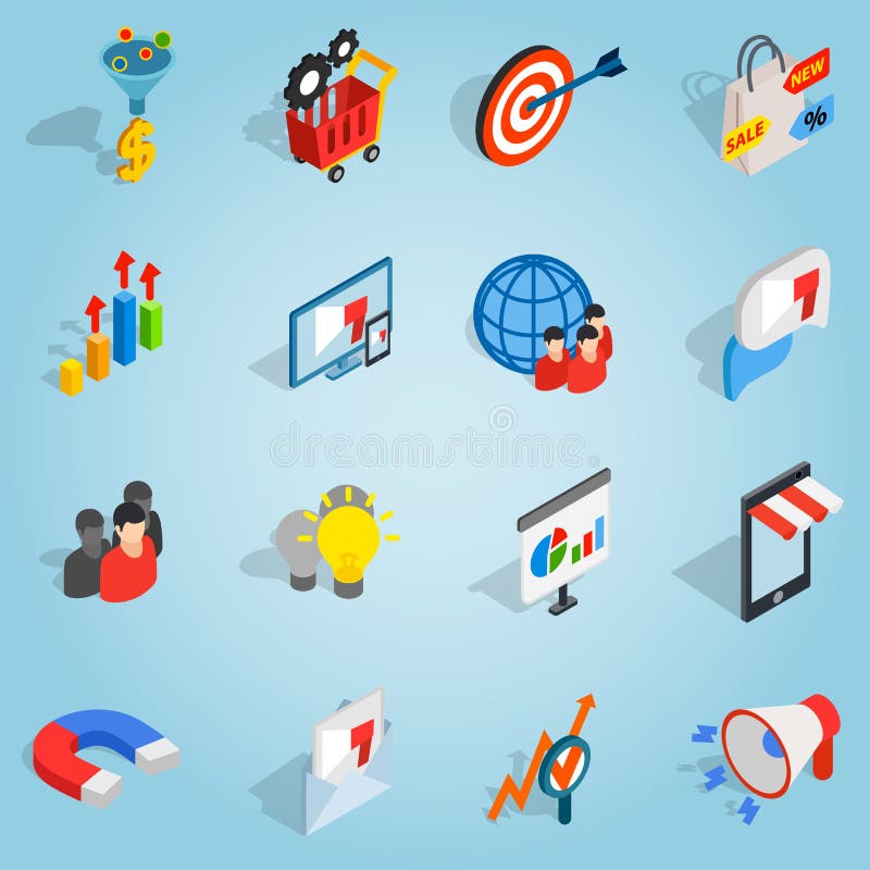 Marketing Set Icons, Isometric 3d Style Stock Vector - Illustration of ...