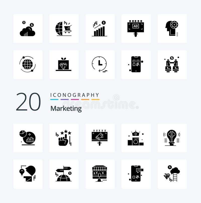 20 Marketing Solid Glyph Icon Pack Like Content Brain Advertisement ...