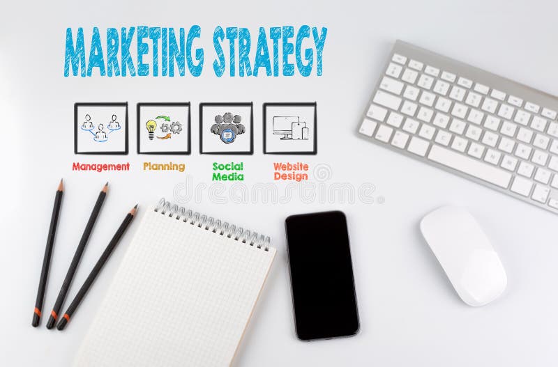 Marketing Strategy. Office Desk Table with Computer, Smartphone, Note ...