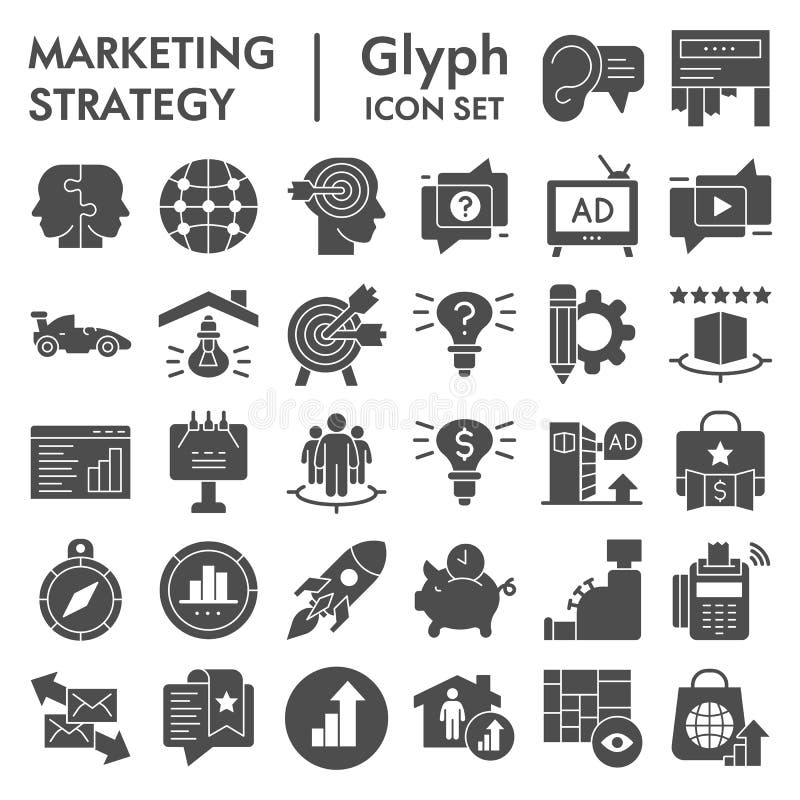Marketing Strategy Solid Icon Set, Advertising Symbols Set Collection ...