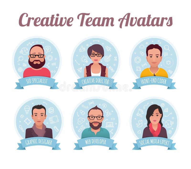 Creative Team in Work, People Avatars with Signs Stock Vector ...