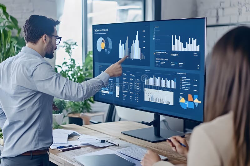 Marketing Team Collaborates Around Large Screen, Analyzing Digital ...