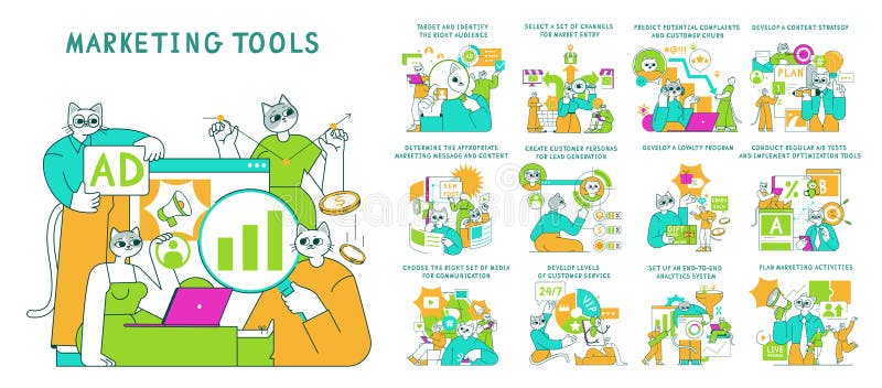 Marketing Tools Cat. Flat Vector Stock Vector - Illustration of social ...