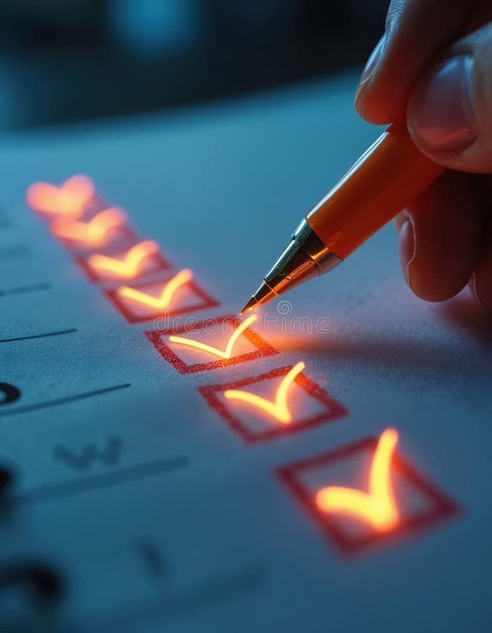Marking Glowing Checkmarks on Checklist with Pen. Illustration ...