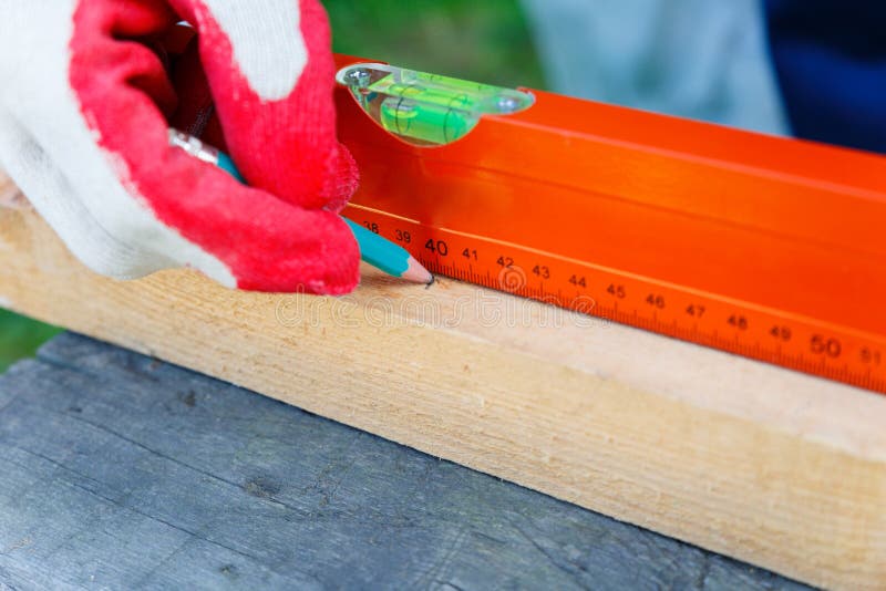 Marking the Length with a Pencil and a Ruler Stock Photo - Image of ...