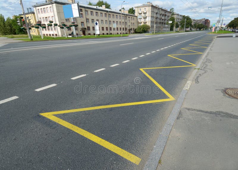 Yellow Bus Stop Marking On Asphalt Stock Image - Image of highway, stop ...