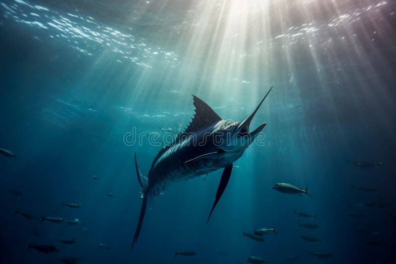 Marlin Fish Swimming Underwater in Deep Blue Ocean with Sun Rays ...