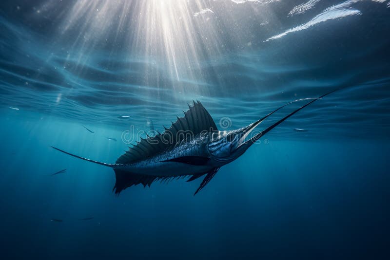 Marlin Fish Swimming Underwater in Deep Blue Ocean with Sun Rays ...