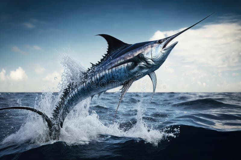 Marlin Jumping from the Ocean Surface, Its Powerful Tail and Fins ...