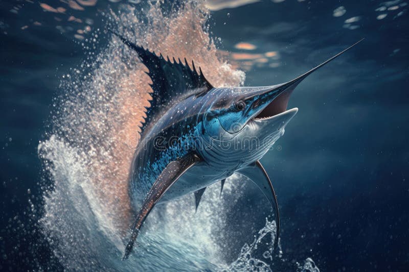 Marlin Jumping from the Ocean Surface, Its Powerful Tail and Fins ...