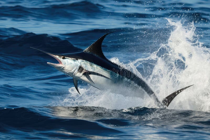 Marlin Jumping from the Water, Its Streamlined Body and Fins Visible ...