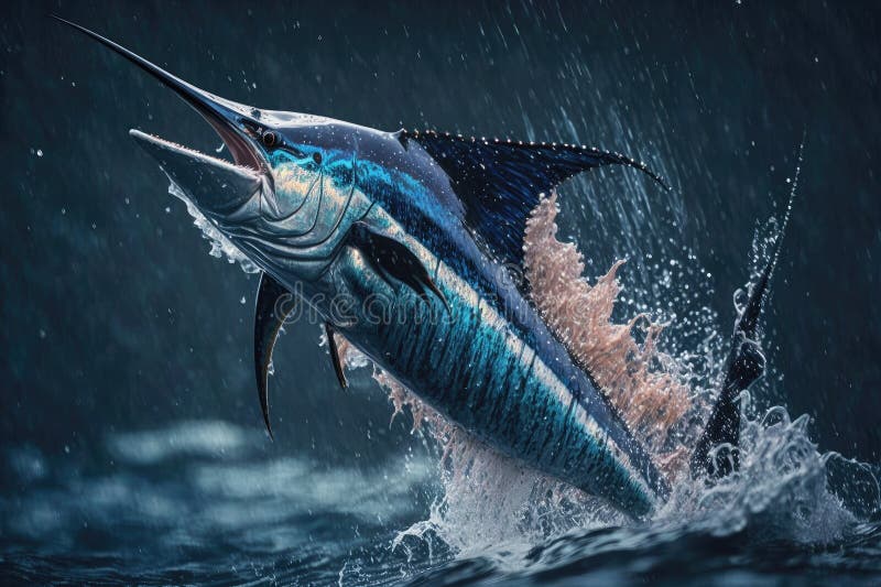 Marlin Jumping from the Water, Its Streamlined Body and Fins Visible ...