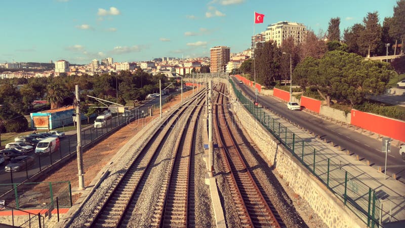 Marmaray Train Tracks and Turkish Flag in Istanbul Stock Footage ...