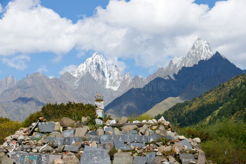 Marnyi Stone Stack with Snow Mountain Stock Photo - Image of peak ...
