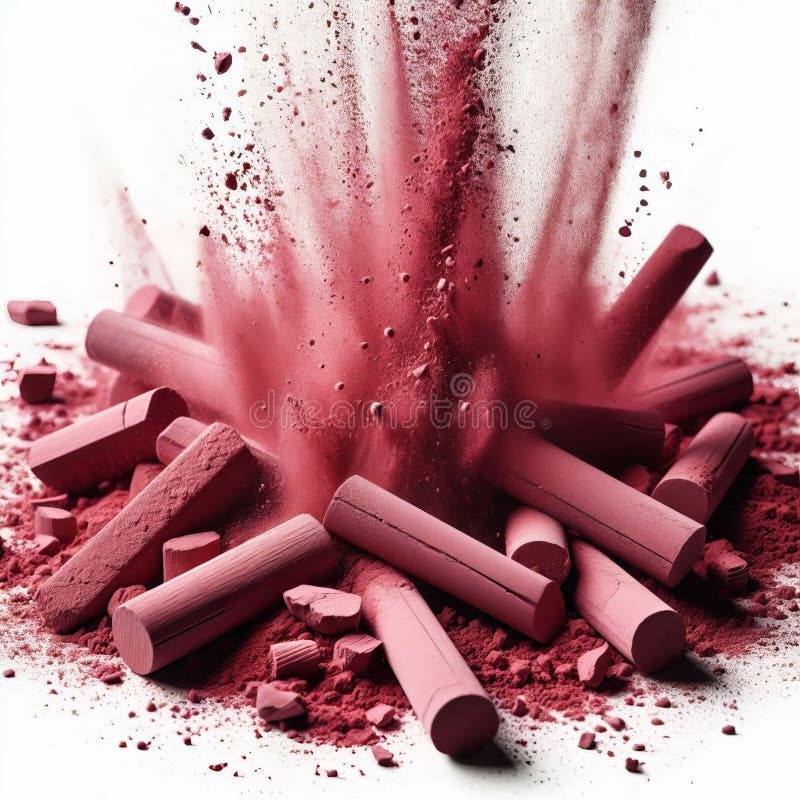Maroon Chalk Pieces and Dust Flying, Exploding in a Ri Stock ...