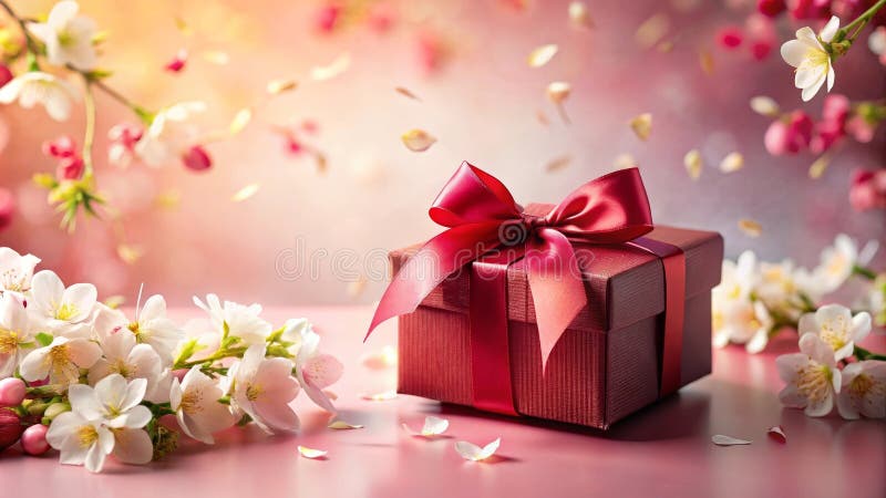 A Maroon Gift Box with a Satin Ribbon, Surrounded by Delicate Spring ...