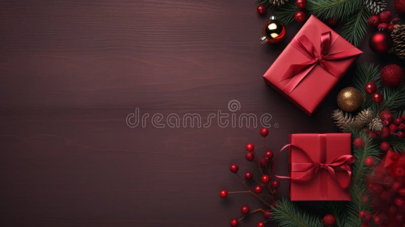 Maroon Gift Boxes with Red Bows and Berries on Dark Brown Background ...
