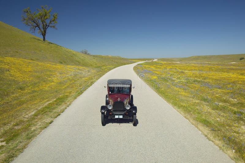 A Maroon Model T Driving Down a Scenic Road Surrounded by Spring ...