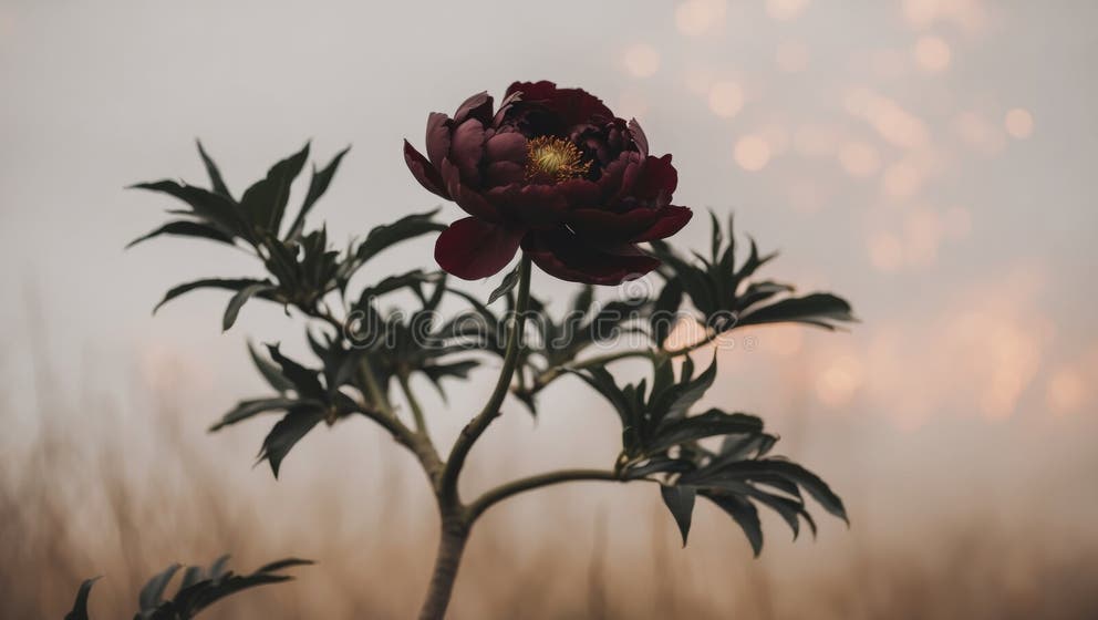 Maroon Peony with Tree Like Leaves and Stem. Stock Photo - Image of ...