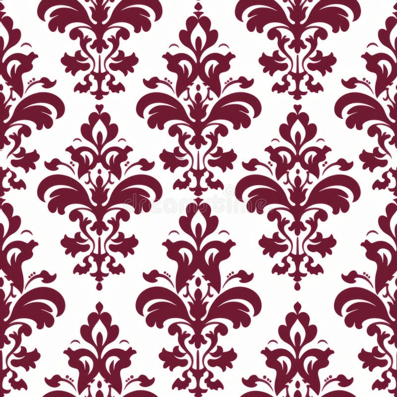 Elegant Maroon and White Damask Pattern with Intricate Woodcut Designs ...