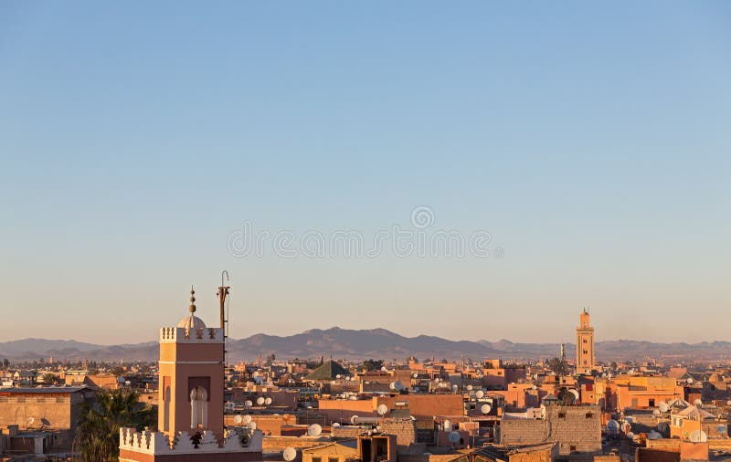 Skyline Of Marrakesh City, Morocco At Evening Sunset Time Viewed From ...