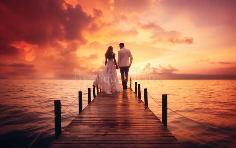 Married Couple at a Beautiful Romantic Sunset on a Pier. Stock ...