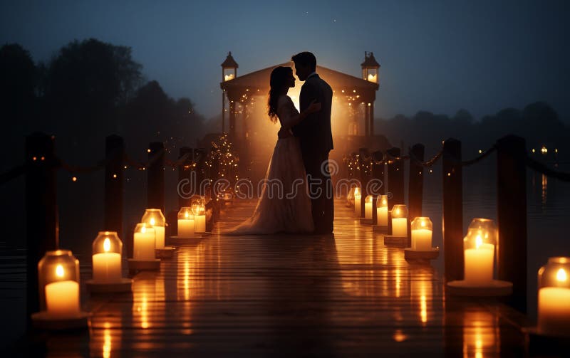 Married Couple on a Pier at Night. Stock Illustration - Illustration of ...