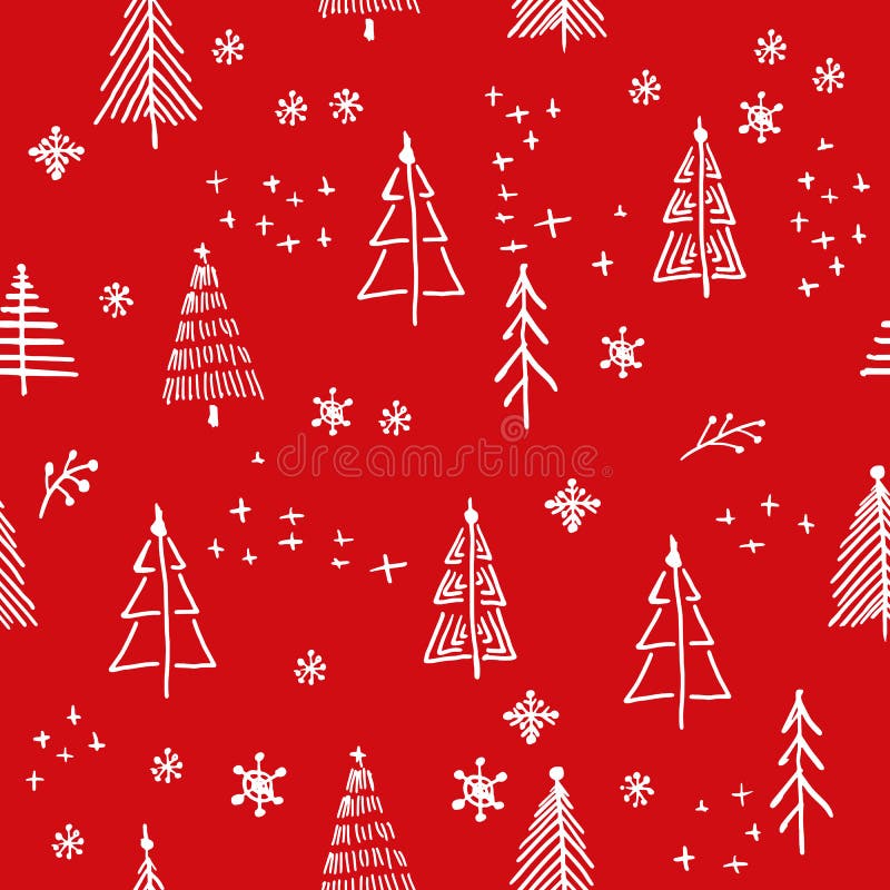 Marry Christmas and Christmas Tree Pattern, Vector Hand-drawing ...