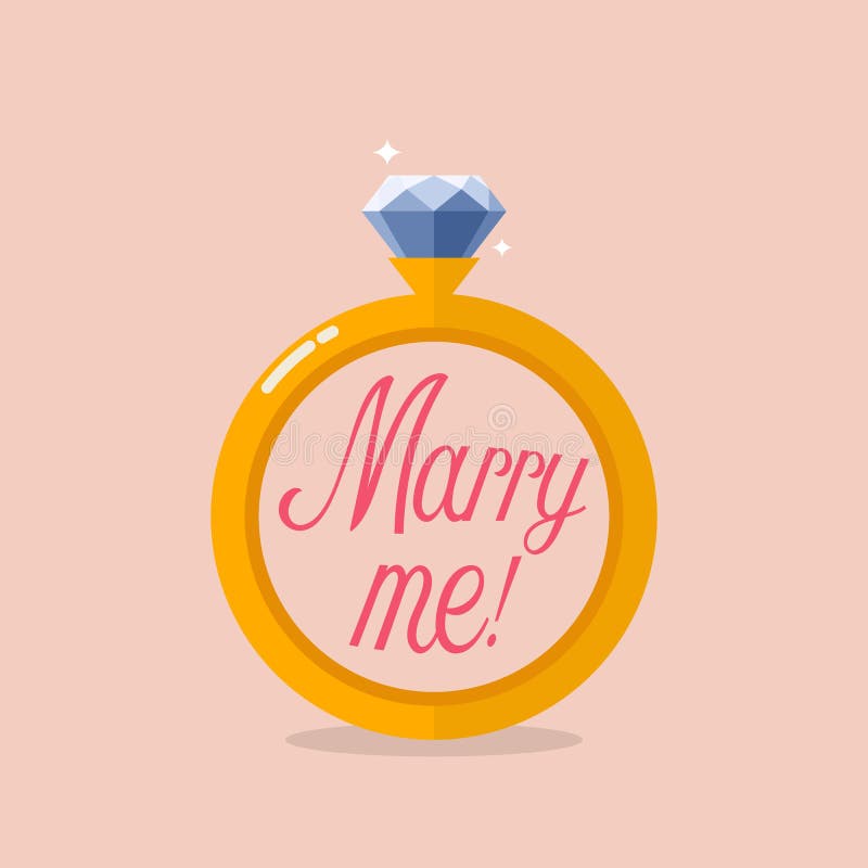 Marry Me Sign And Gold Engagement Ring With Diamond Stock Vector ...