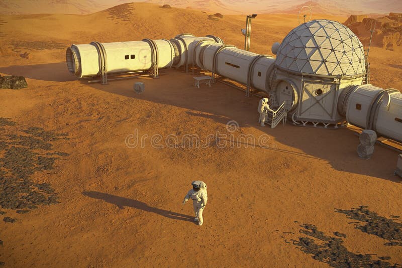 Mars Base with Astronauts, Habitat in Martian Landscape Stock ...