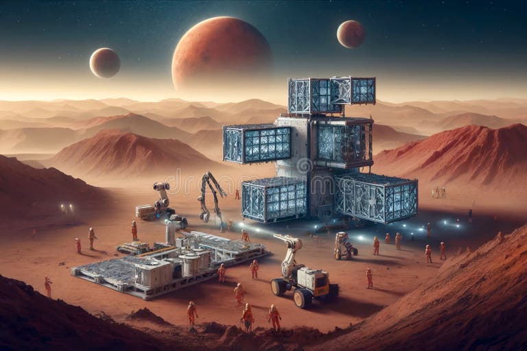 Mars Colonization Habitat with Astronauts and Rovers in Operation Stock ...