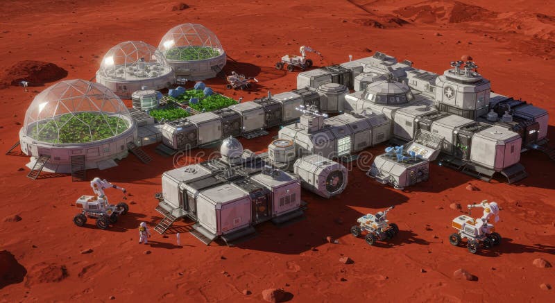 Mars Colony: Futuristic Habitat and Rovers on Red Planet Stock ...