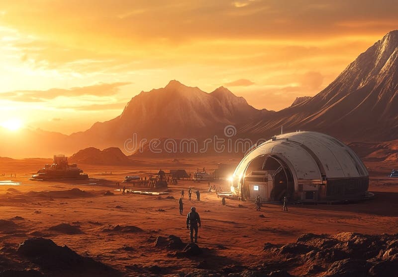 Mars Colony at Sunset â€ Astronauts Exploring Red Planet Settlement ...