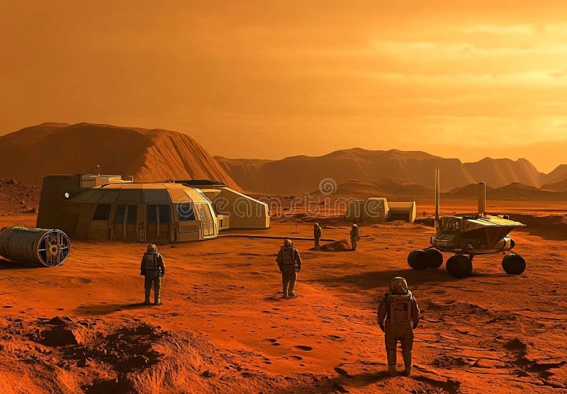 Mars Colony at Sunset â€ Astronauts Exploring Red Planet Settlement ...