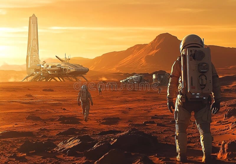 Mars Colony at Sunset â€ Astronauts Exploring Red Planet Settlement ...