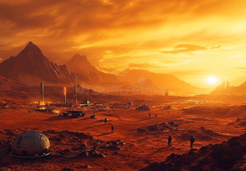Mars Colony at Sunset â€ Astronauts Exploring Red Planet Settlement ...