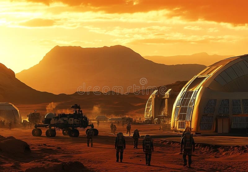 Mars Colony at Sunset â€ Astronauts Exploring Red Planet Settlement ...