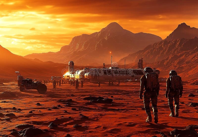 Mars Colony at Sunset â€ Astronauts Exploring Red Planet Settlement ...