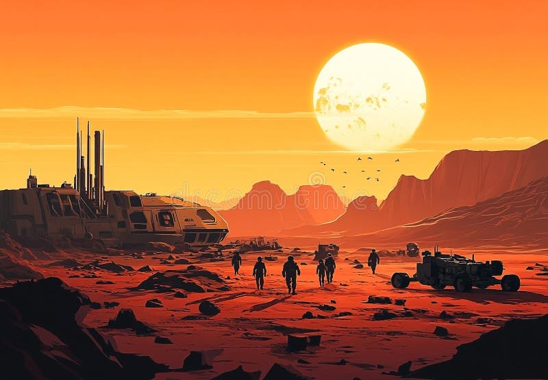 Mars Colony at Sunset â€ Astronauts Exploring Red Planet Settlement ...