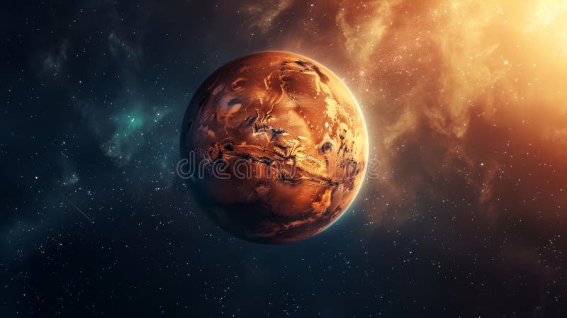 Mars in Deep Space, Illuminated by a Distant Sun, Showcasing Its Rugged ...