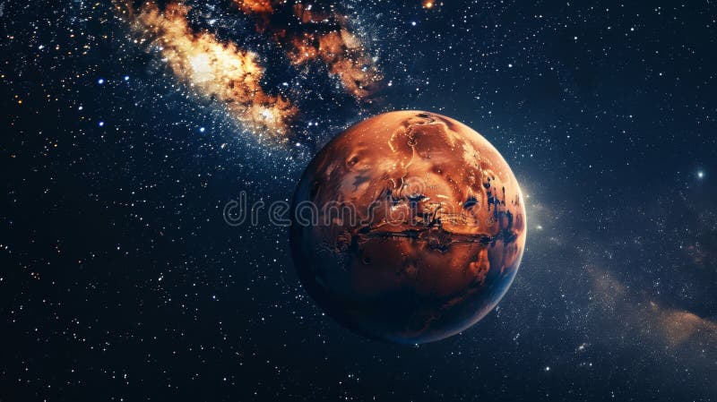 Mars Floating in Deep Space, Surrounded by Countless Stars and a Bright ...