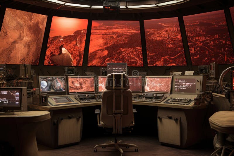 Mars Habitat Control Room with Various Screens Stock Illustration ...
