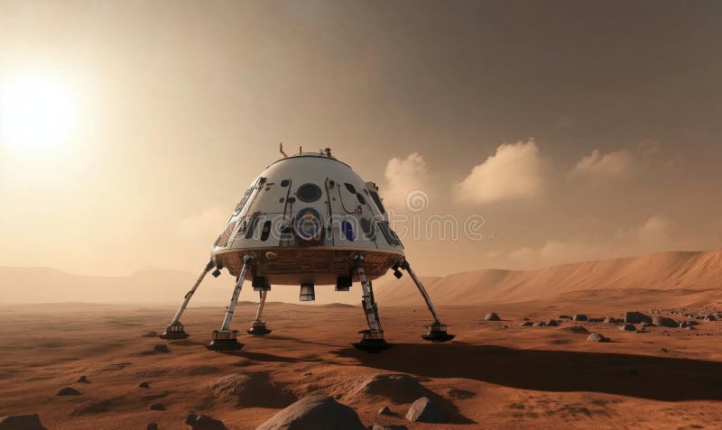 Mars Lander on Red Planet Surface with Rocky Terrain and Distant ...